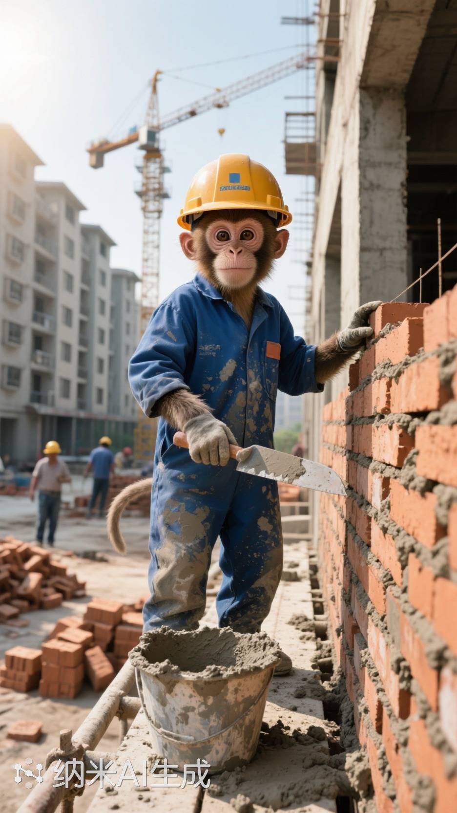 动物:小猴子戴安全帽砌墙,这认真的样子太可爱啦 #萌宠