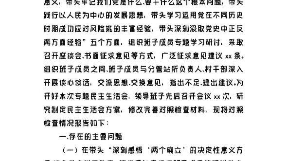 乡镇党委班子2021年末专题民主生活会五个方面对照检查材料