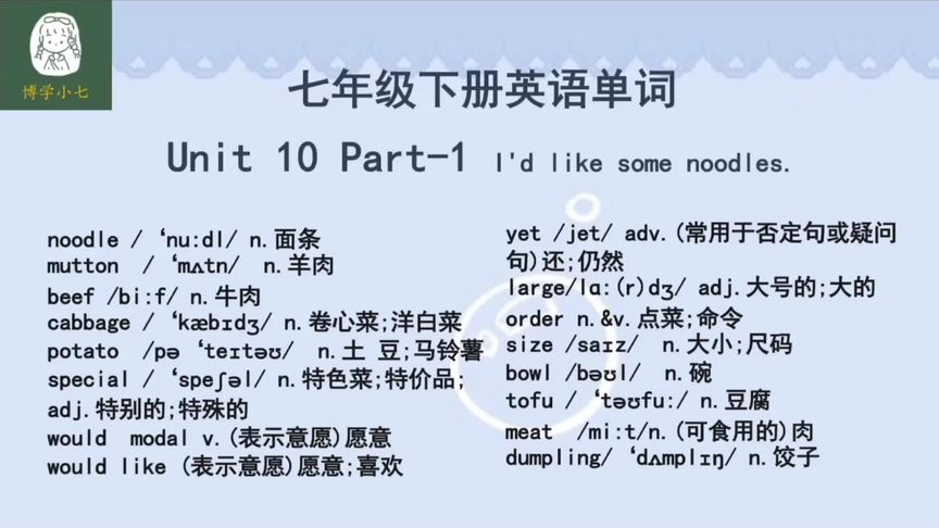 七年级下册unit10单词,special除了表示特价菜,还有特别的含义