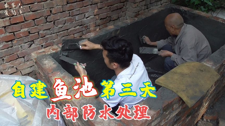 自建鱼池第三天,和老爸做鱼池内部防水处理,这样肯定不会漏