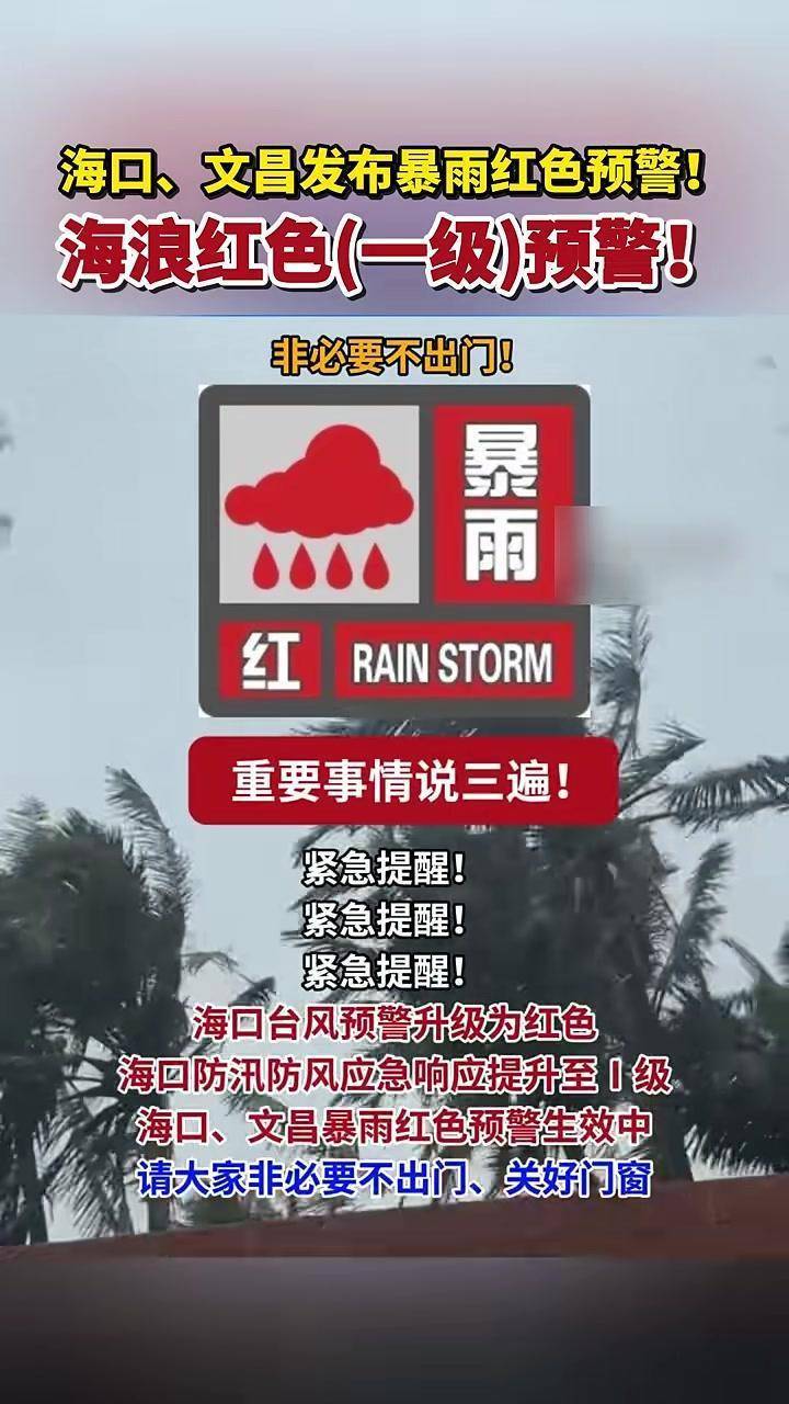 海口、文昌发布暴雨红色预警!海浪红色(一级)预警!