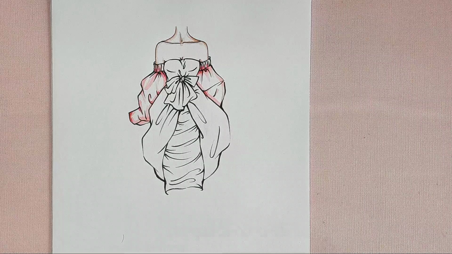 服装设计手绘学习:一字肩连衣裙款式图绘画