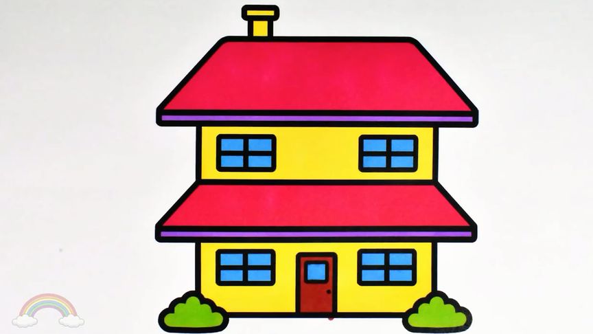 幼儿房子简笔画,水彩笔画一座简笔画三层小别墅和色彩搭配方法