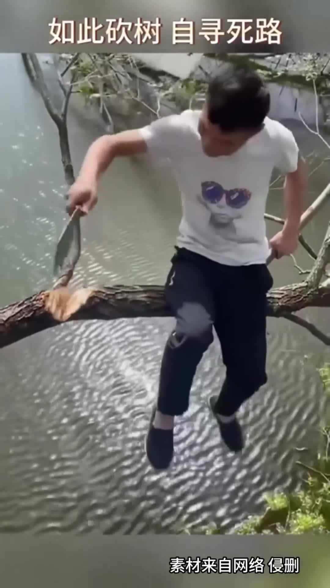 男子这样砍树,连自己的退路都不顾啊