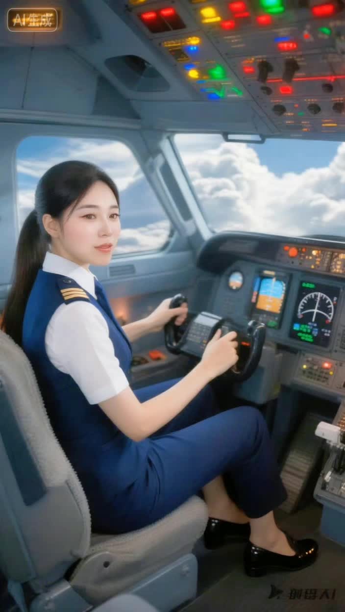 #即梦飞机动起来,仪表盘的灯亮起来,仪表盘的指示针不停转动,美女...