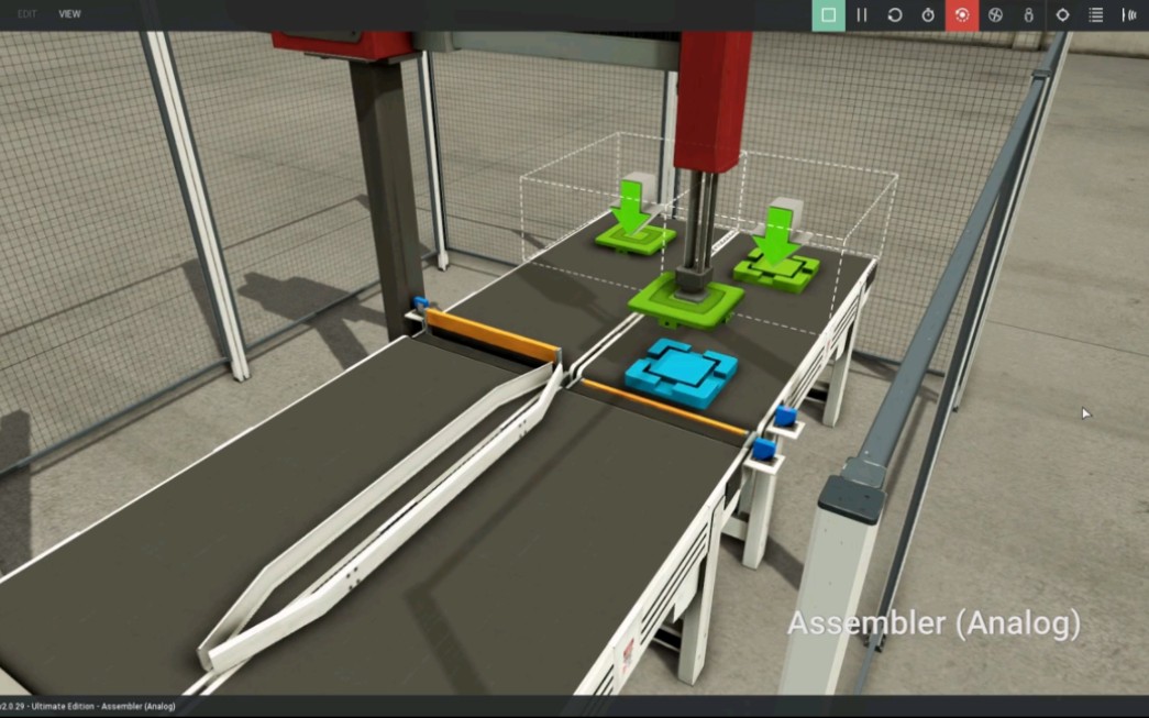 [Factory io]使用带有模拟值的两轴拣选和放置工具组装由盖子和底座...