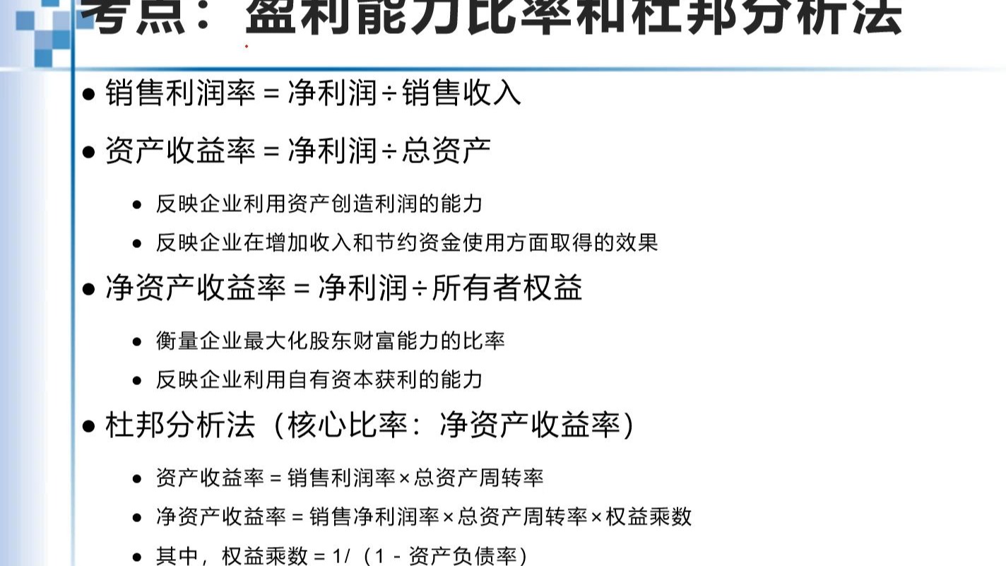 基金从业考试科目二,第6章考点6:盈利能力比率和杜邦分析法