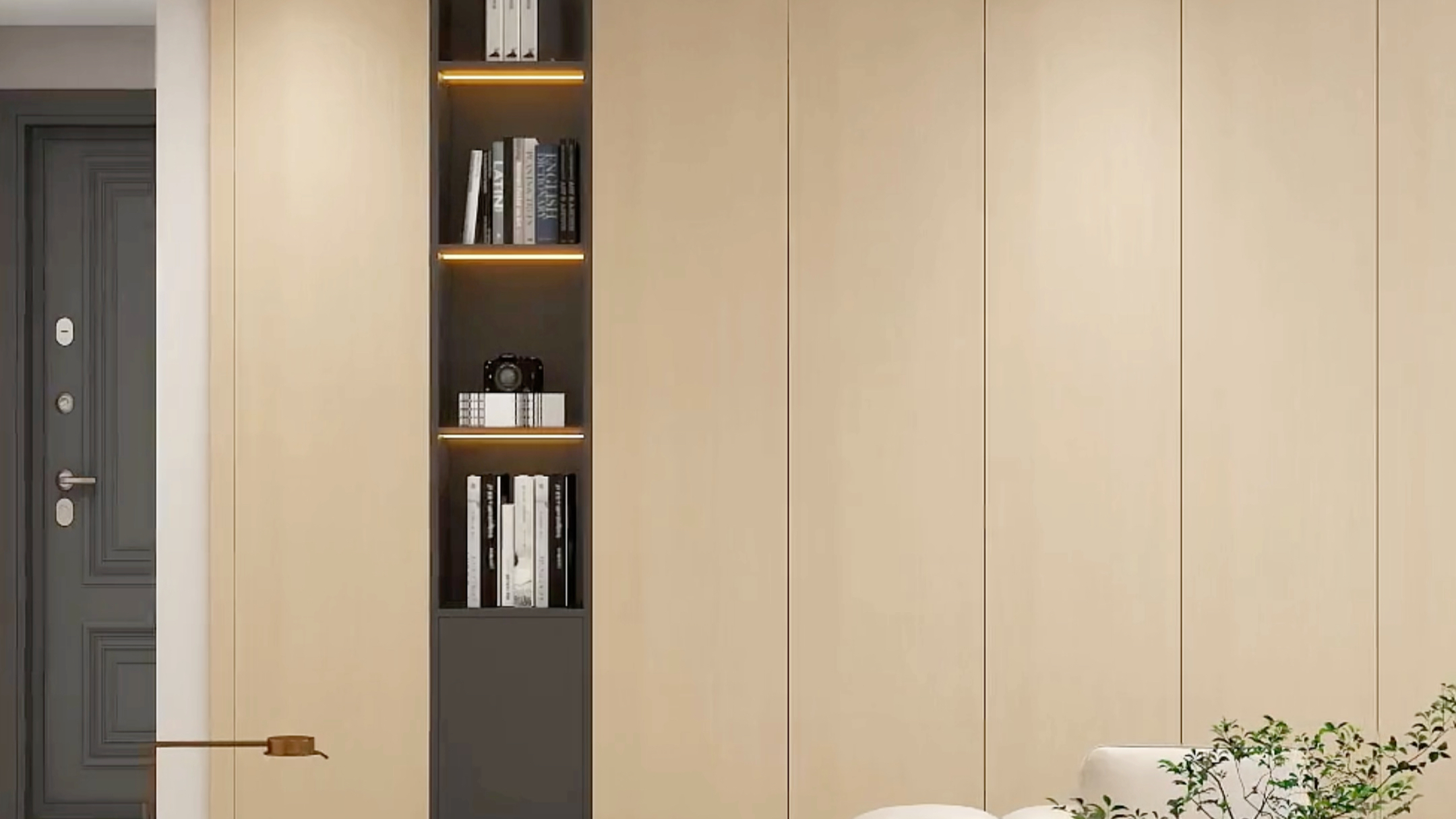 大横厅这么装,满墙沙发柜背景墙,格栅岩板悬空电视背景墙,简约不简单。