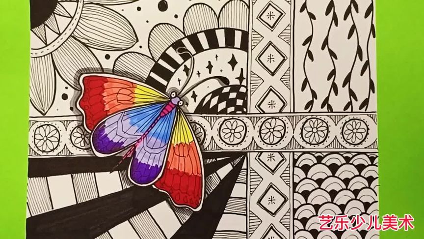 蝴蝶儿童画作品#线描画#少儿创意美术 #亲子课程#插画#画画教程