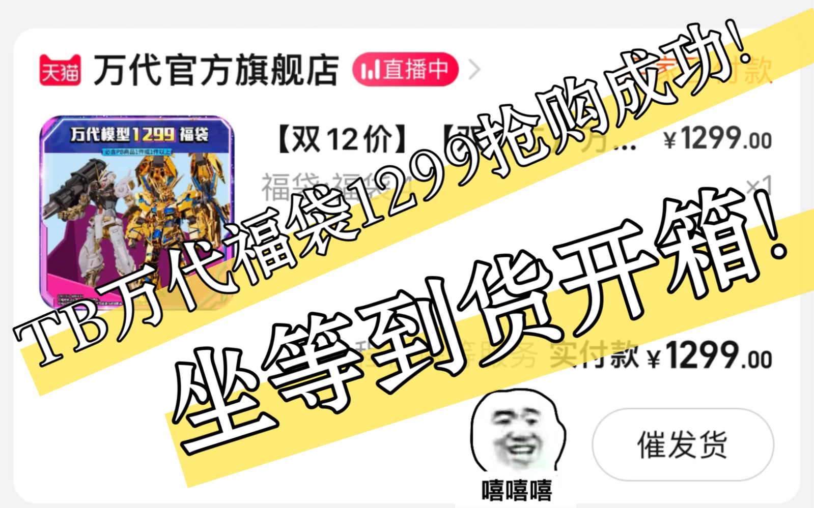 淘宝2022 双十二 1299万代旗舰店福袋 抢购成功!福袋编号:4 坐等到货...
