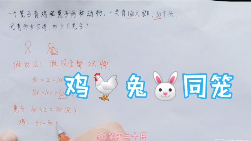 没学解方程,鸡兔同笼问题照样解决,用什么方法呢?