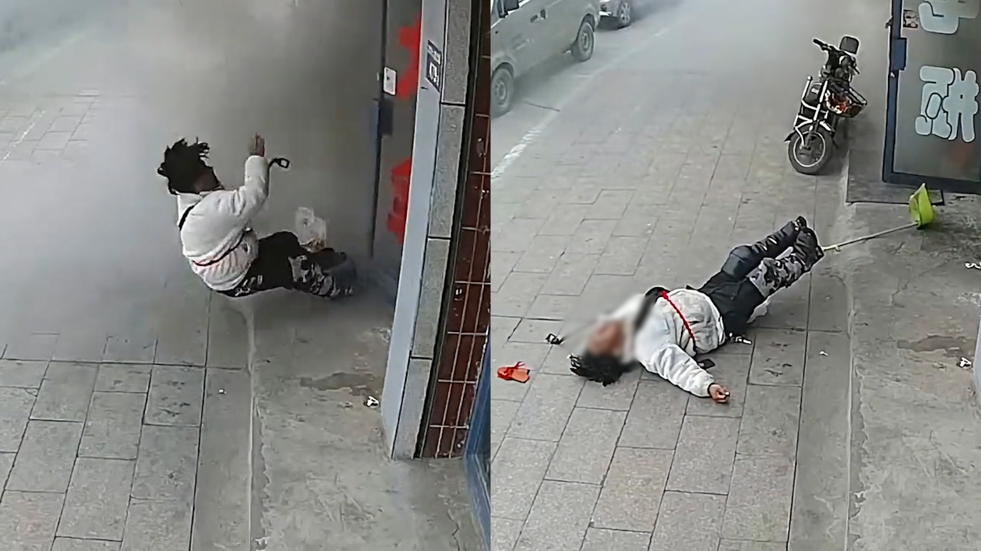 陕西一店内浓烟四起,过路男子提醒不幸被炸飞,后脑着地双脚颤抖