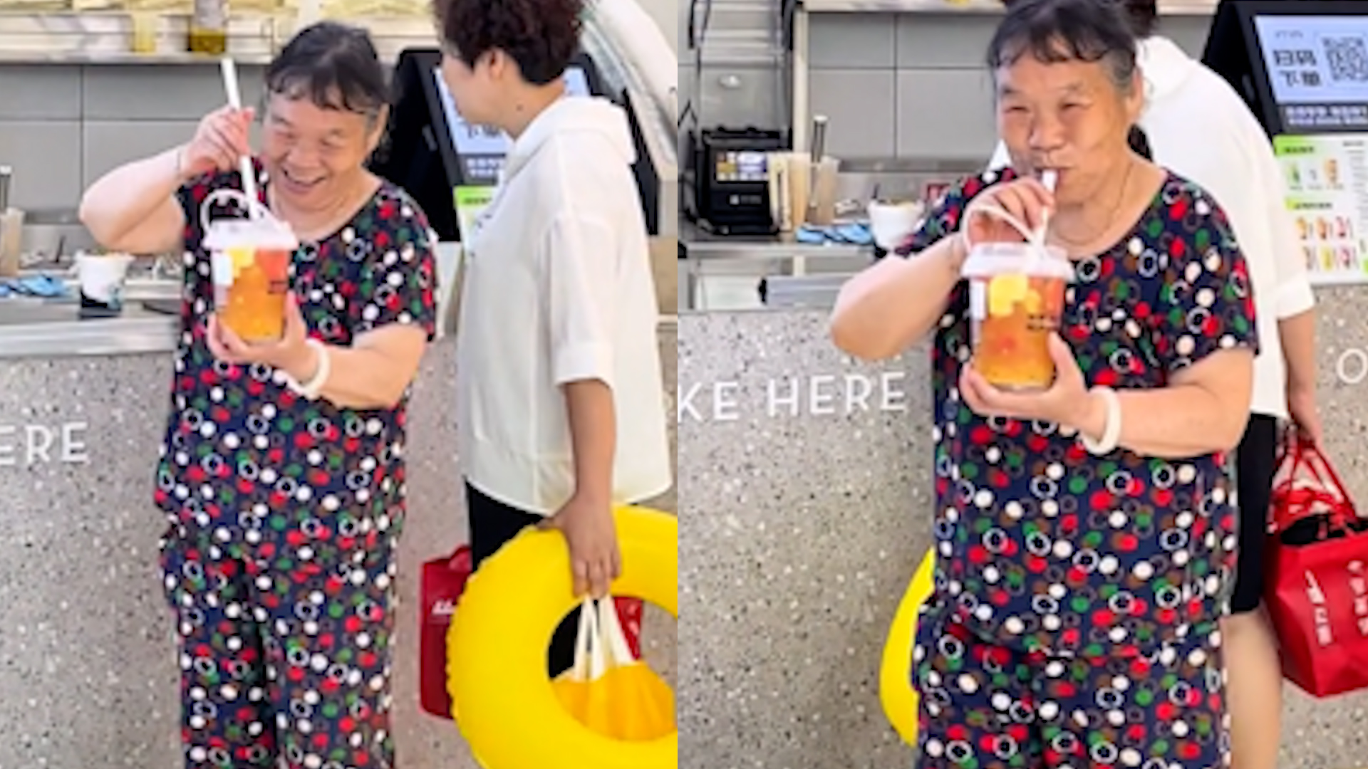 可爱暴击!奶奶喝了一口果茶兴奋指数飙升,快乐都要溢出屏幕了!