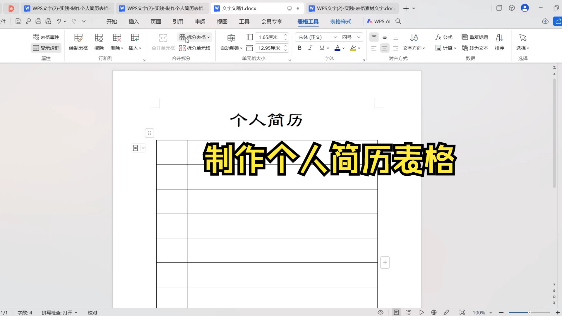 WPS文字(2)-实践-制作个人简历表格