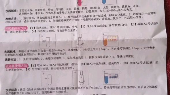 网购的水质测试剂自带使用说明和各种物质正常指标。