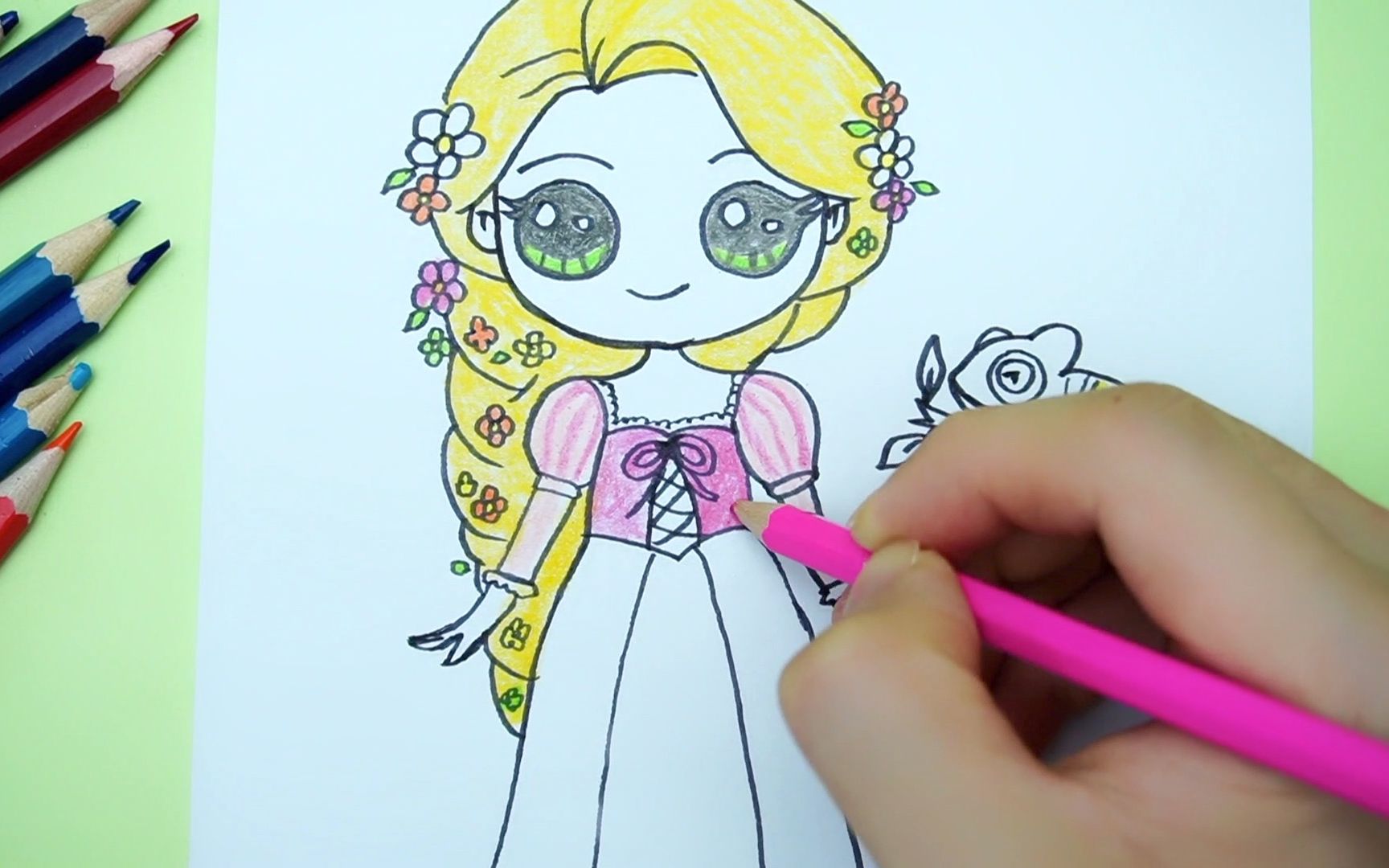 儿童创意简笔画:手绘迪士尼长发公主和变色龙,Q版的很可爱