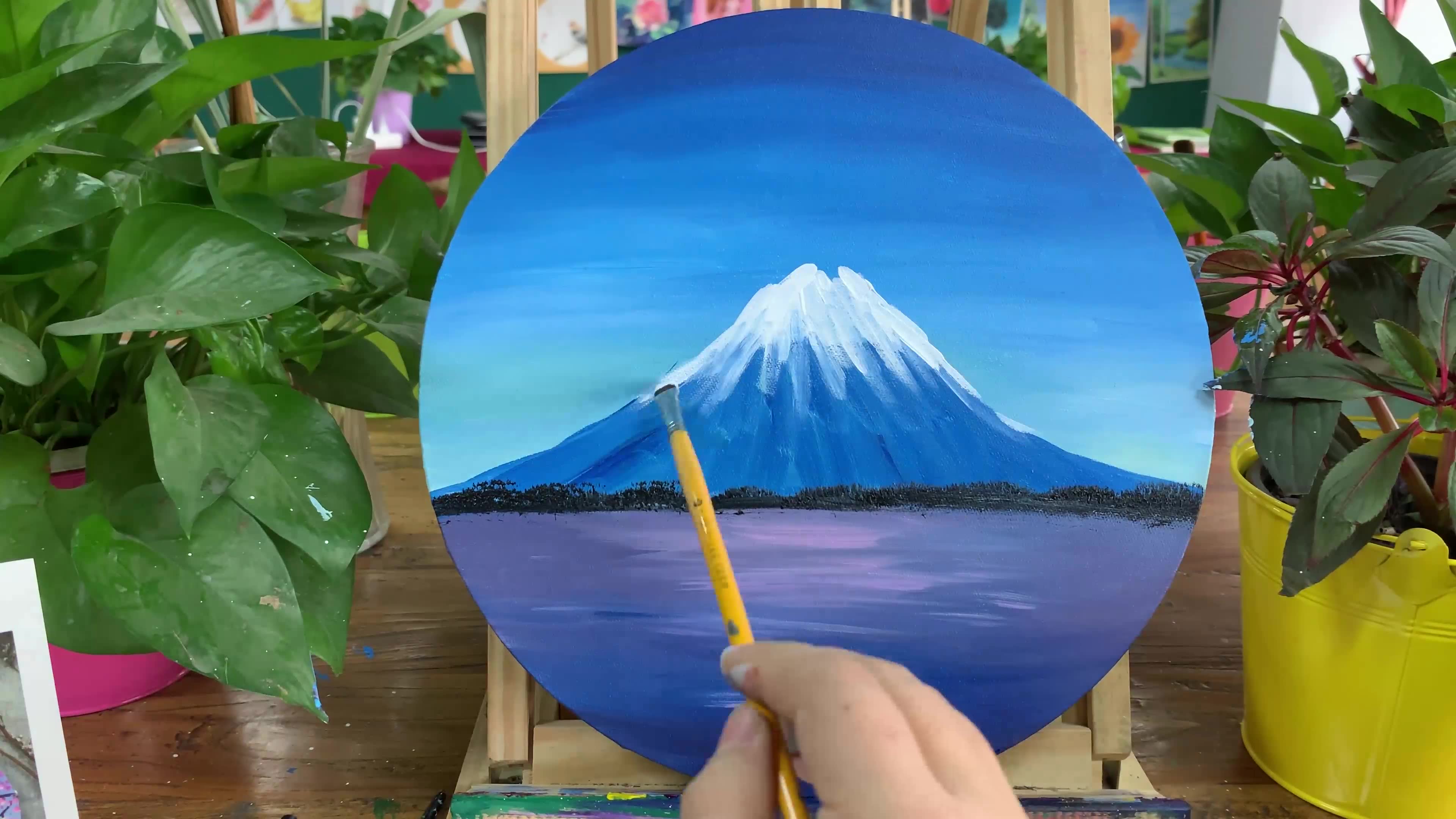 教你画油画富士山樱花美景 丙烯画风景雪山示范全过程 绘画教程