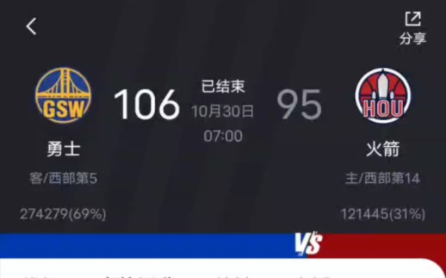 NBA勇士VS火箭109:95格林复出