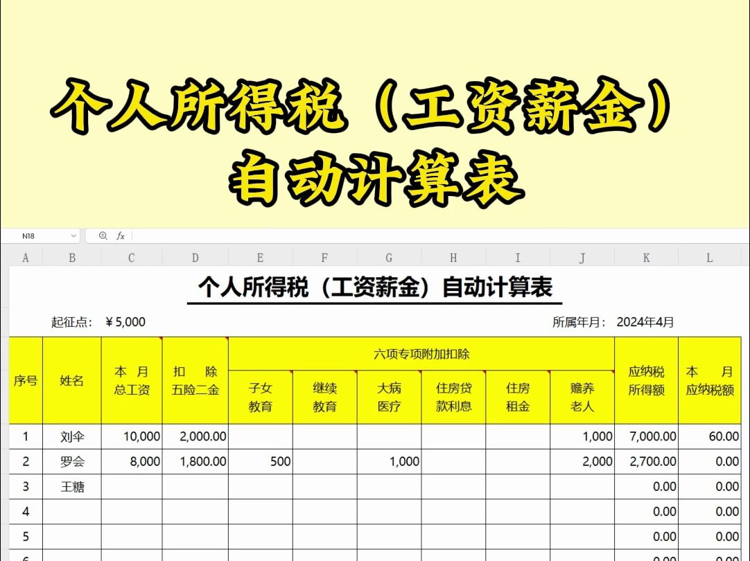 个人所得税工资薪金自动计算表,公式已经设置好了,输入专项扣除数据,...