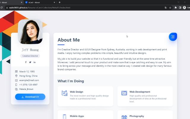 个人简历网页, 个人作品集 明暗主题 (01) HTML+CSS+JS