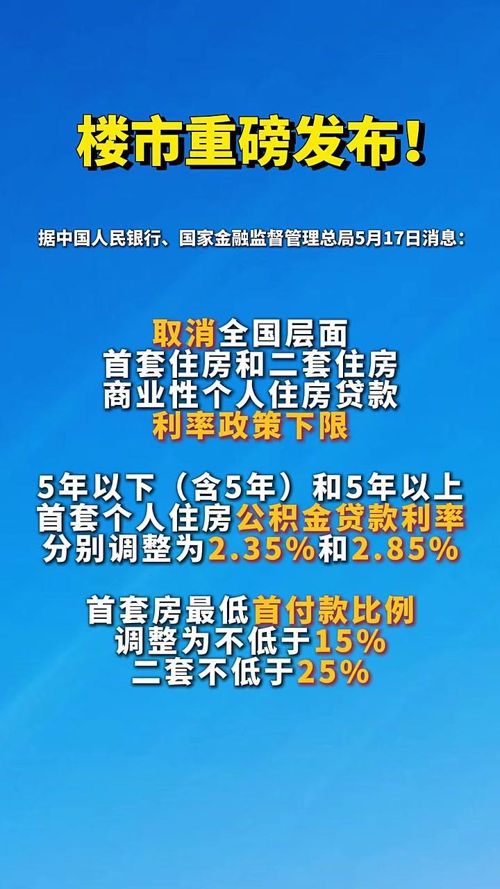 楼市重磅!首付比例下调,公积金贷款利率下调,商贷利率下限取消