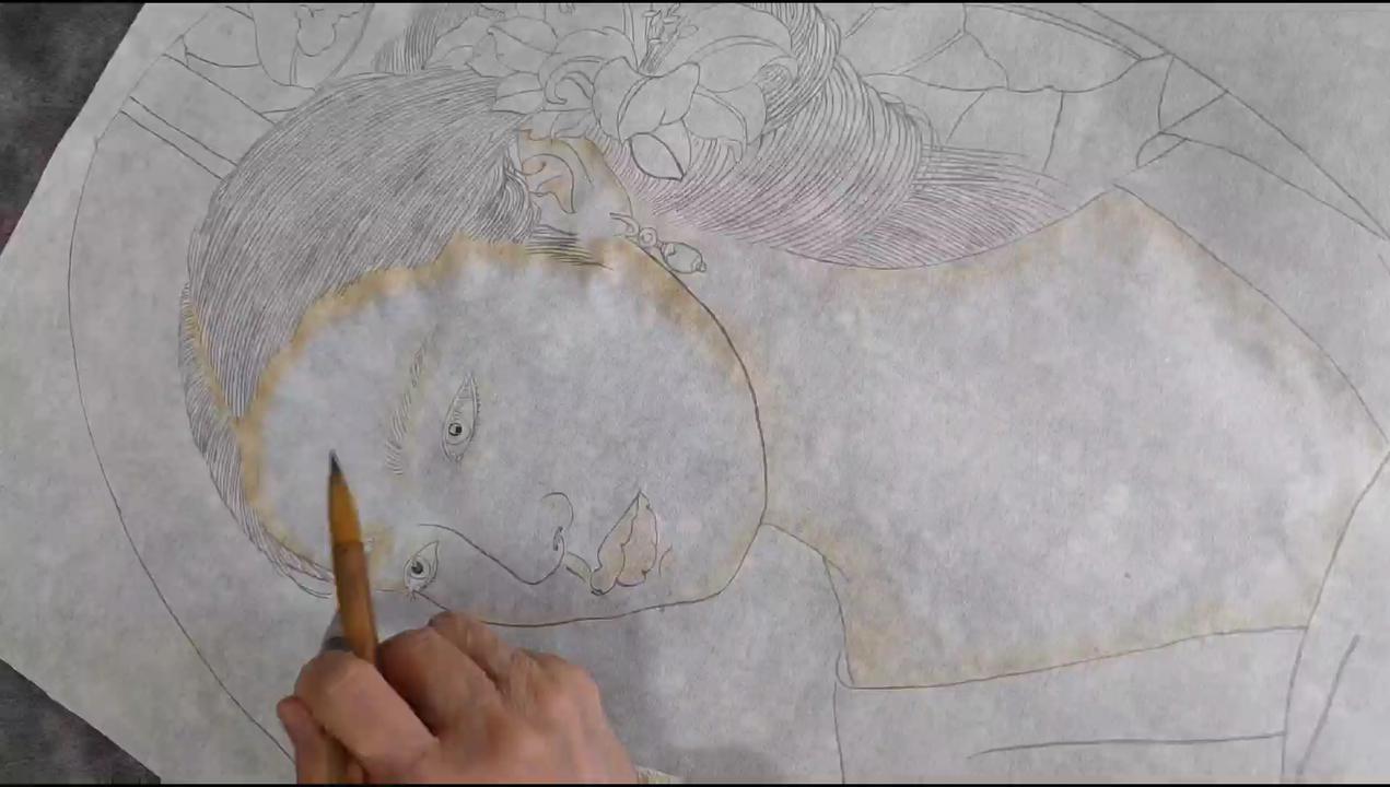 工笔人物画,如何画脸部(勾线赭石加墨)开脸