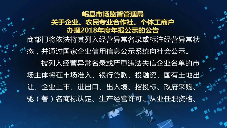岷县市场监督管理局:办理2018年度年报公示的公告