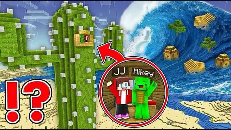MC我的世界:海啸来袭!巨型仙人掌重建村庄!