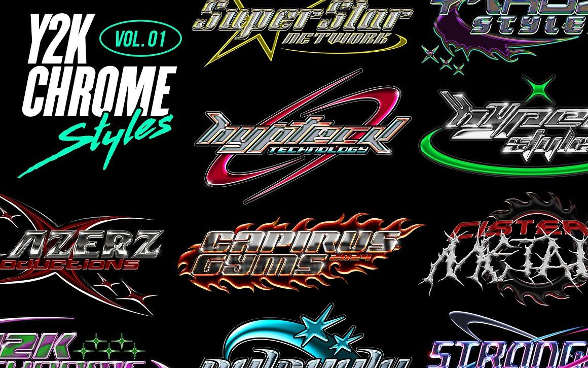 ...文字LOGO标题PSD特效样机源文件 Y2K Chrome Text Effects(7709)