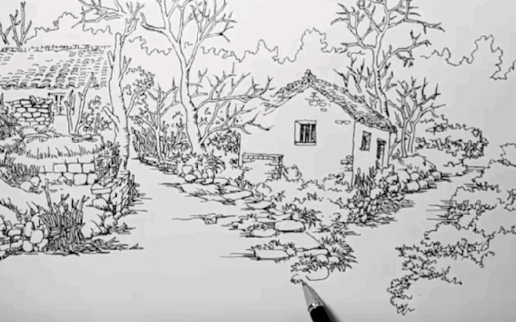 【线描风景钢笔画】如何用钢笔画画出茂密生机的乡间小路?