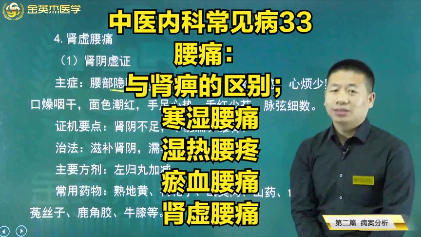 腰痛:与肾痹的区别;寒湿腰痛、湿热腰疼、瘀血腰痛、肾虚腰痛