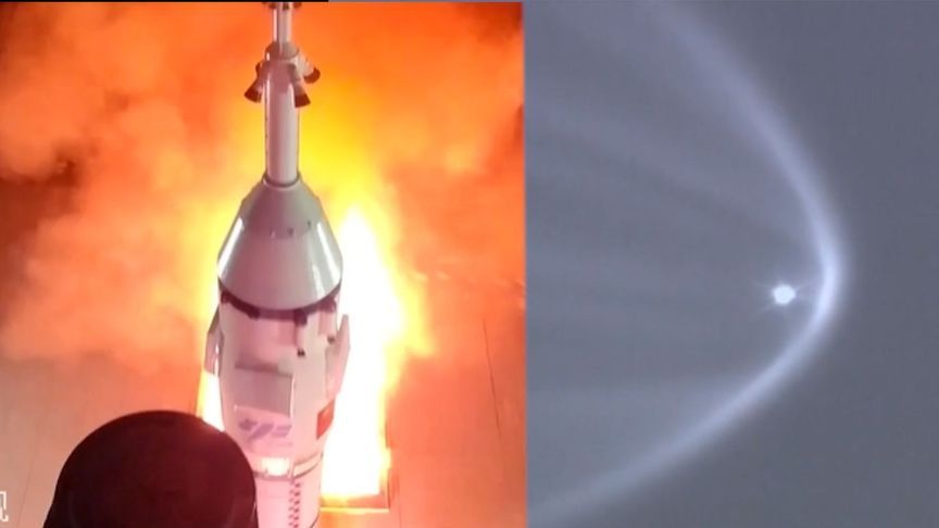 多角度看神舟十五号发射:冲出赤焰叩问苍穹 火箭分离划出伞状气流