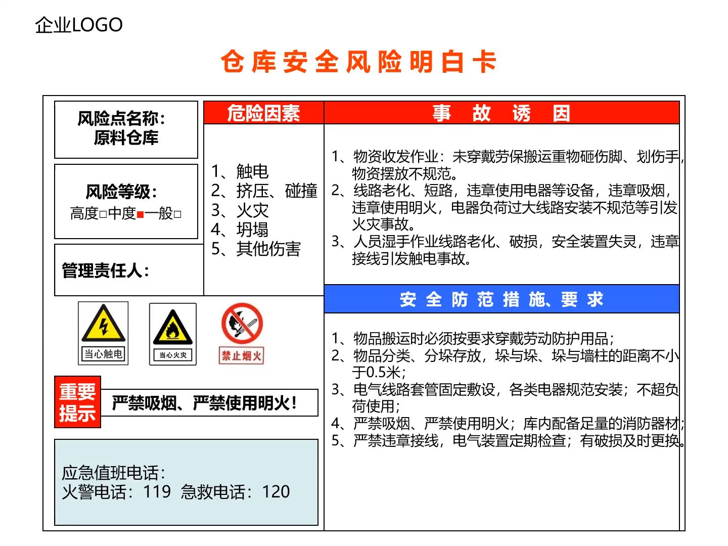 企业各个场所安全风险明白卡(告知卡)