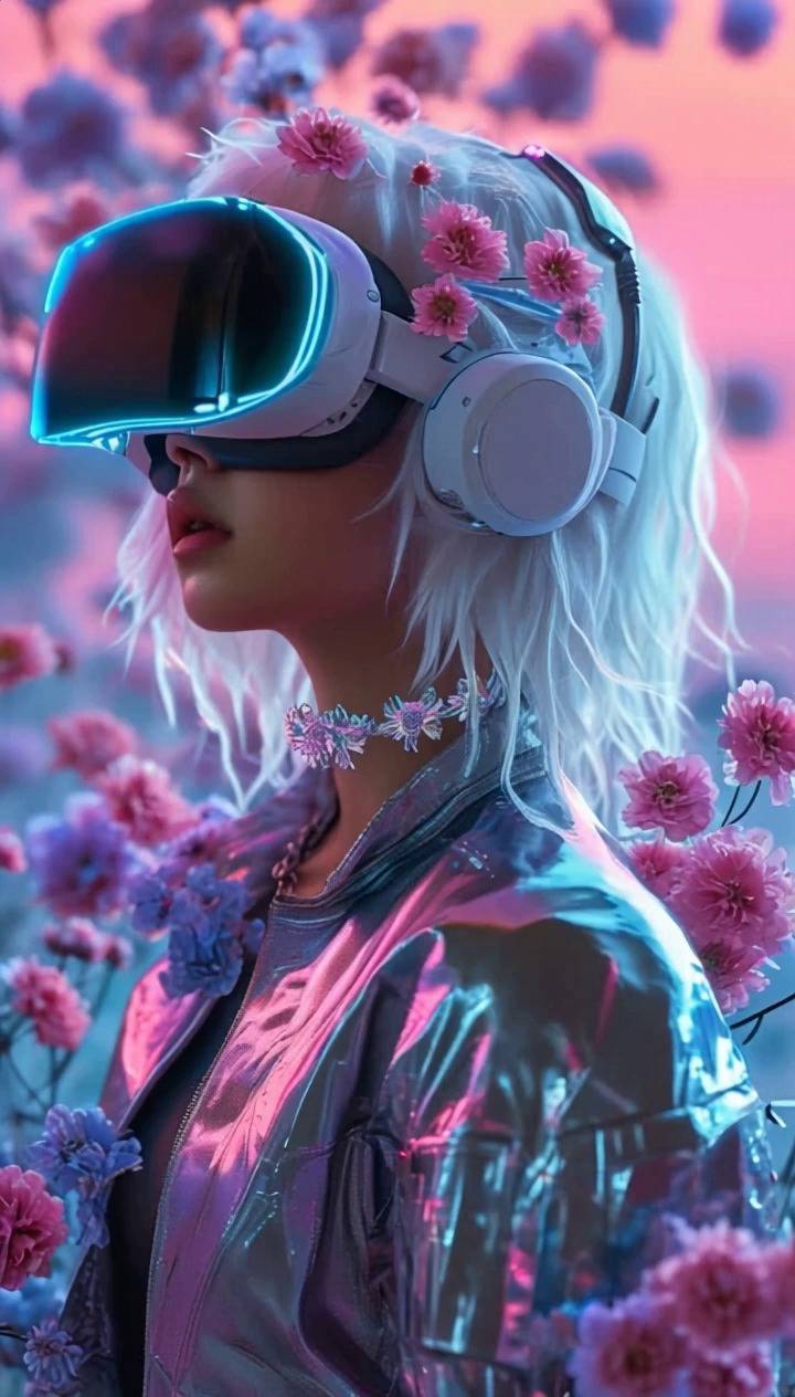 身着金属衣的女性使用VR眼镜