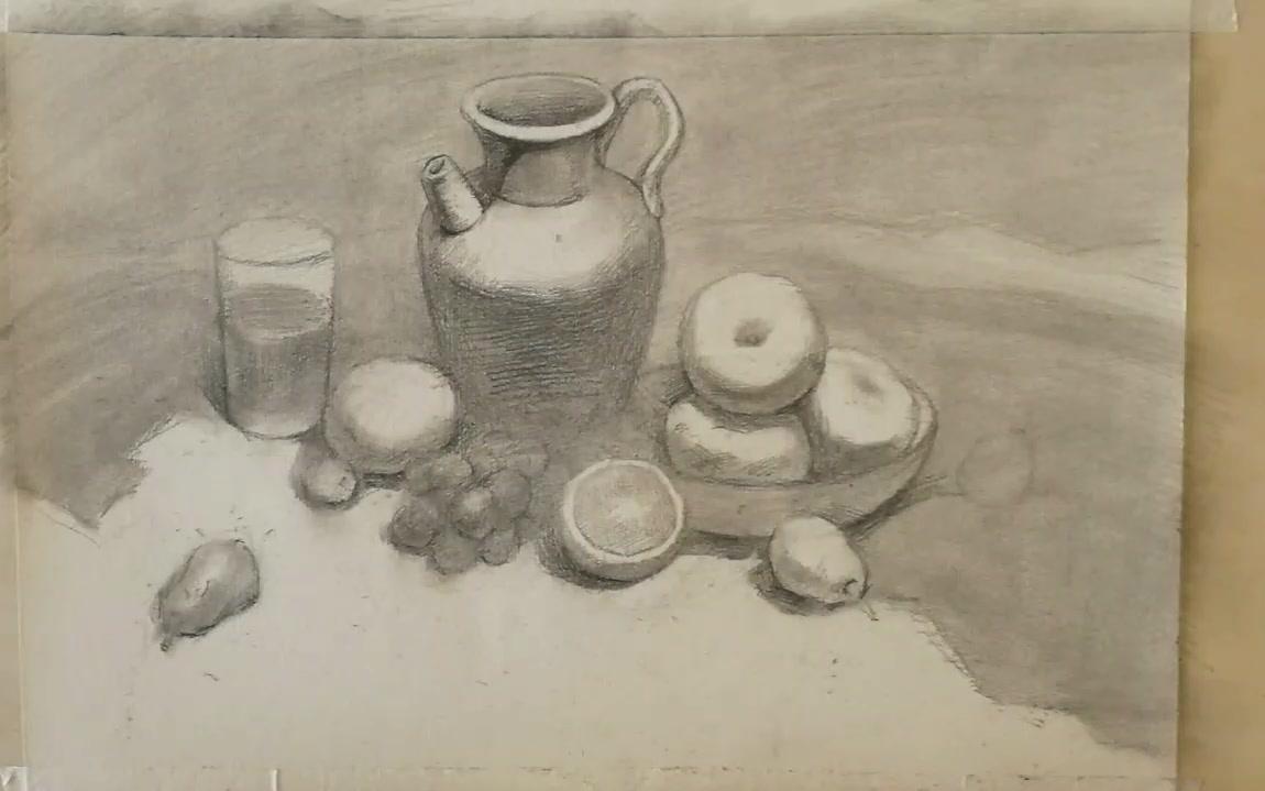素描教学学习:素描静物组合标准步骤作画,陶罐水果组合作画教程