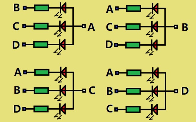 查理复用算法(中级)—4个端口控制12个LED