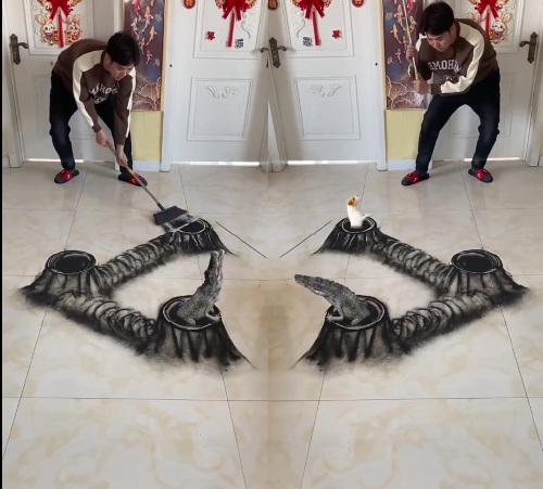 创意地面立体画结合小动物