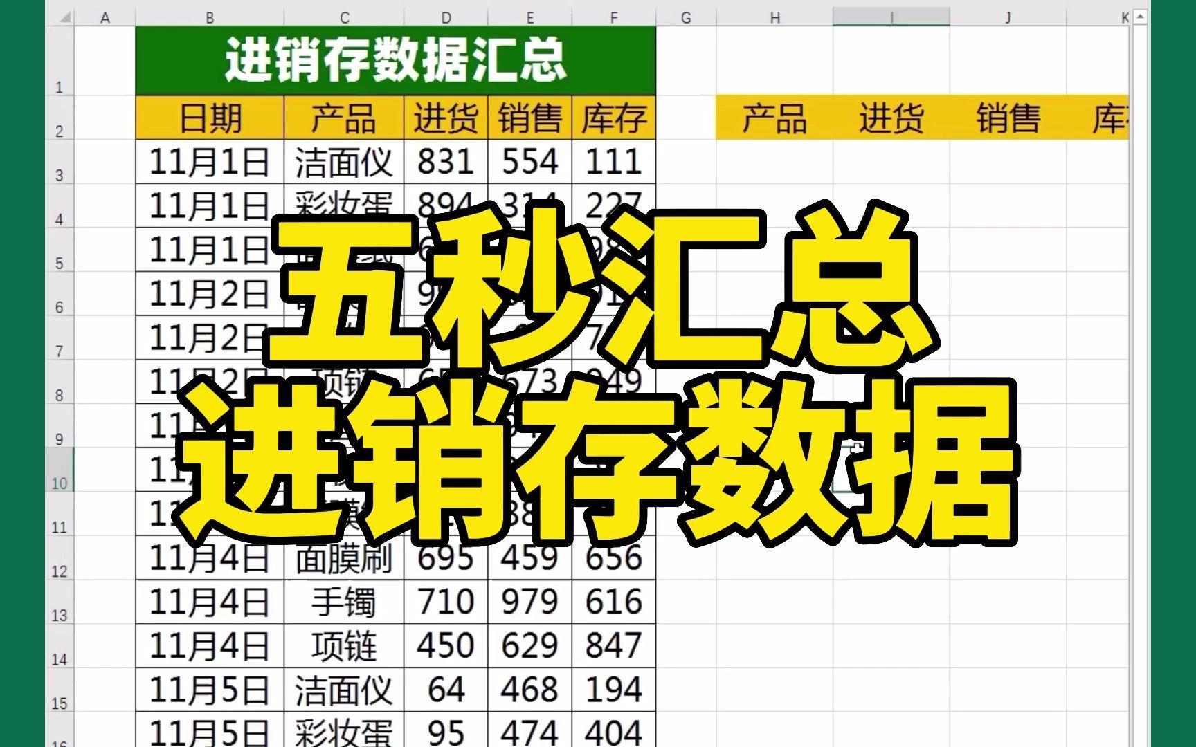 五秒汇总Excel表格进销存数据的方法