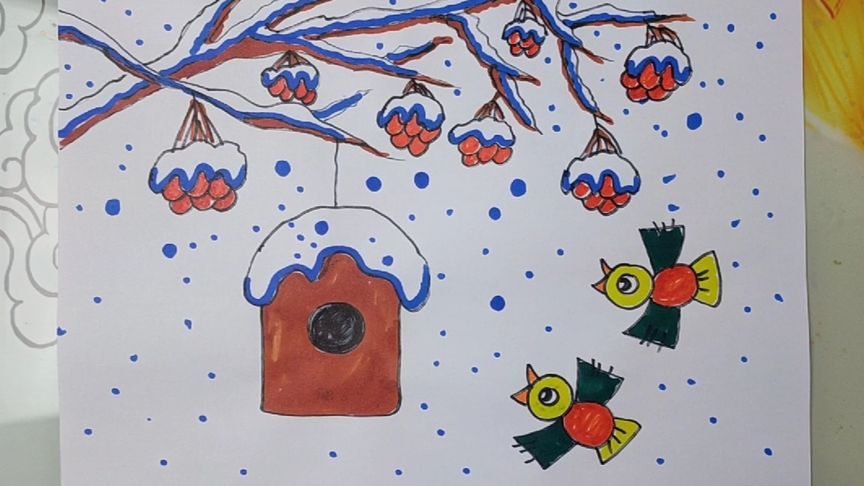 小鸟的冬天儿童画