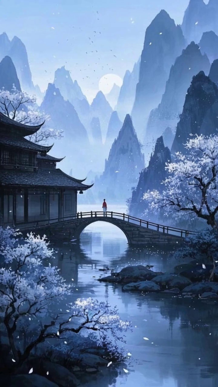 水墨山水画卷,层峦叠嶂隐于薄雾,碧波蜿蜒映青松,朱檐凉亭立崖畔,孤舟...