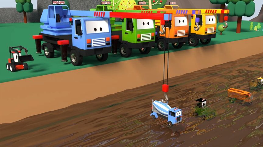 挖掘机和工程车掉进了河里,吊车朋友来救援,萌车小队工程车动画