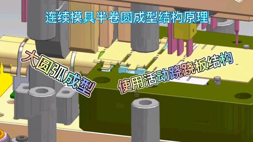 连续模具半卷圆成型结构原理,采用中间带料,最后跷跷板结构成型
