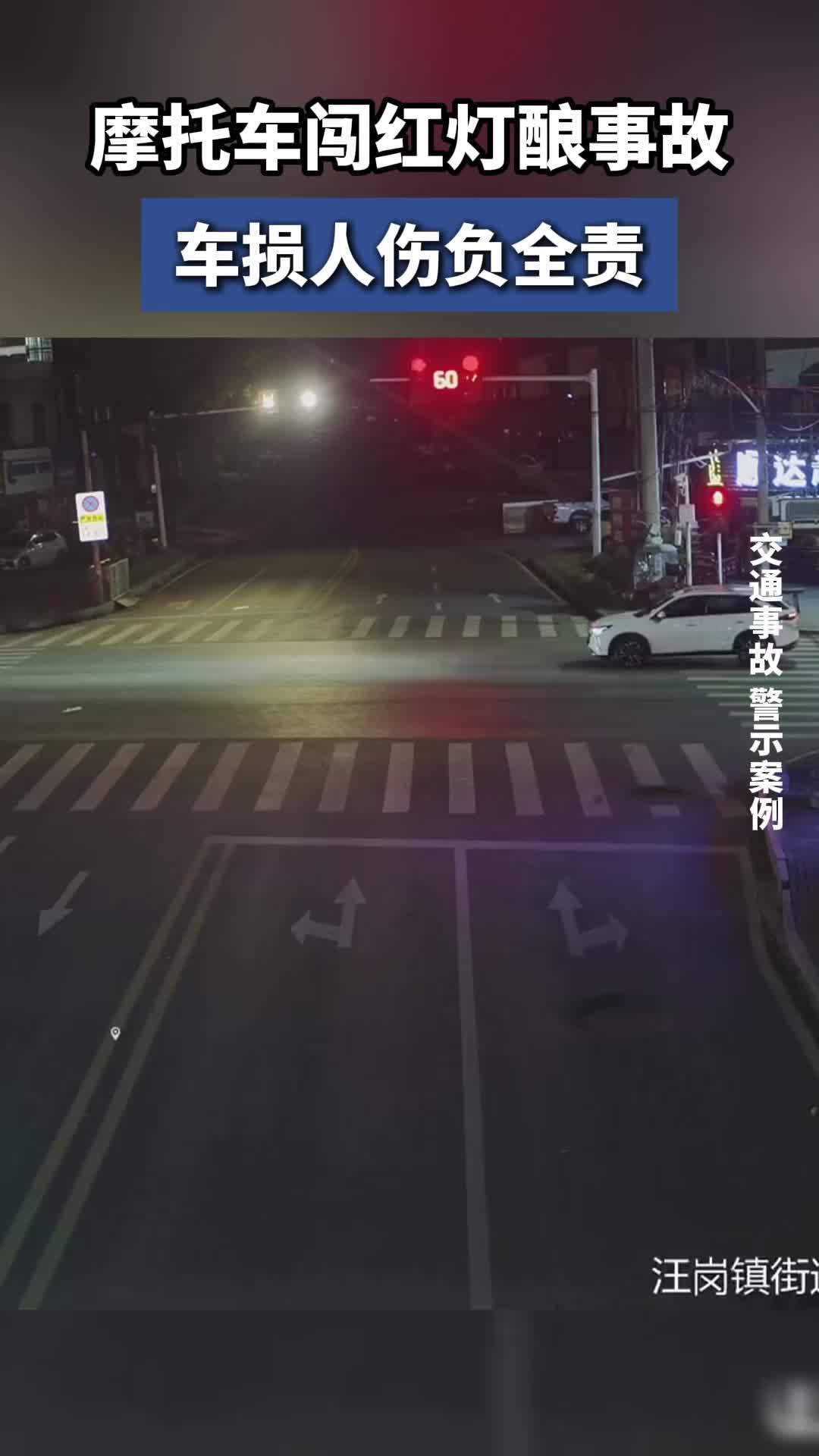 摩托车闯红灯,车损人伤负全责