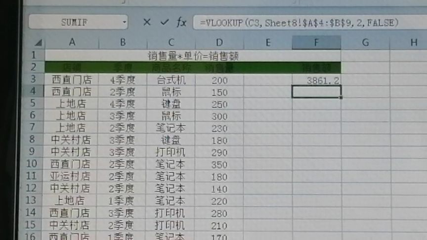 v look up函数,销售量*单价=销售额