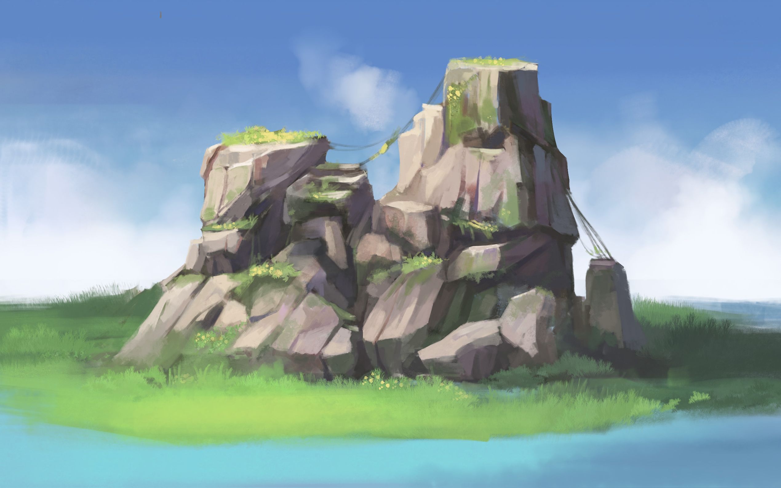 【绘画教程】PS厚涂笔刷使用攻略,山石小场景质刻画教学