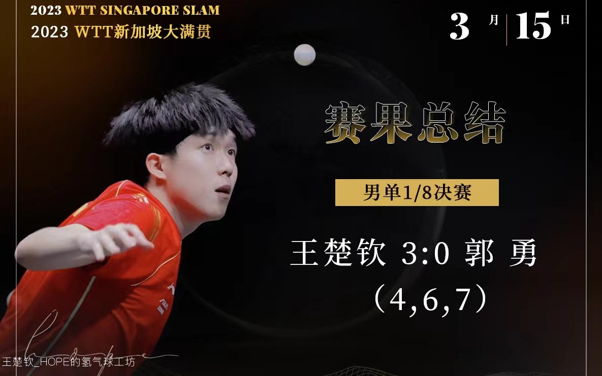 【高菡 解说】2023新加坡大满贯 男单1/8决赛 王楚钦 vs 郭勇