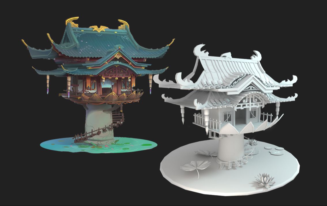 零基础场景建模案例思路学习,古风清亭建筑模型详细布线 简单渲染...