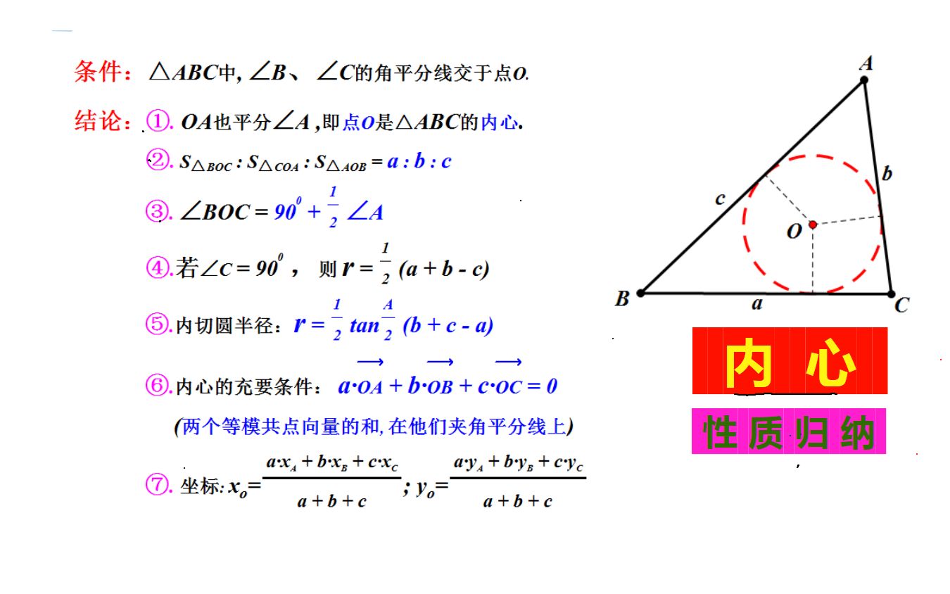 三角形内心性质归纳,内心向量坐标公式证明,内切圆半径公式