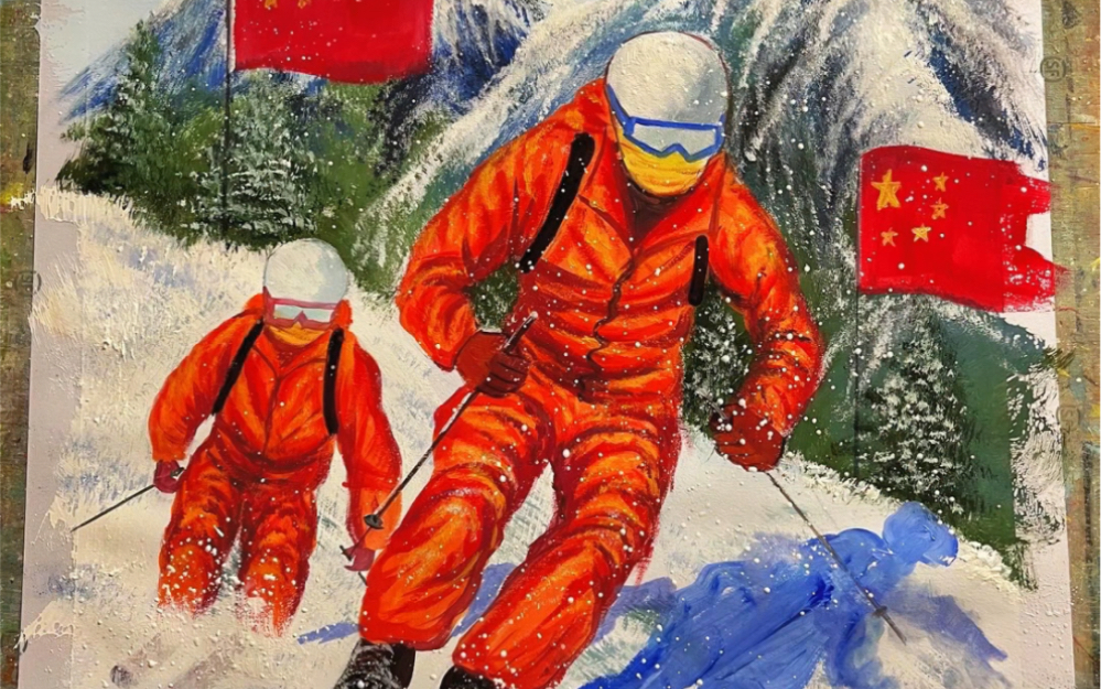 我的梦想主题儿童画水粉手绘插画卡通儿童画画冰雪世界滑雪运动激情...