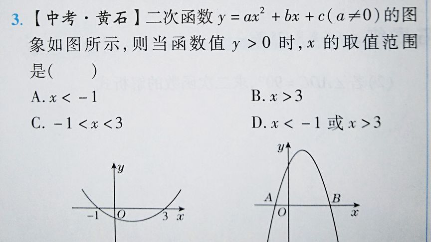 黄石中考题:根据二次函数图象,当函数值y>0,求自变量取值范围